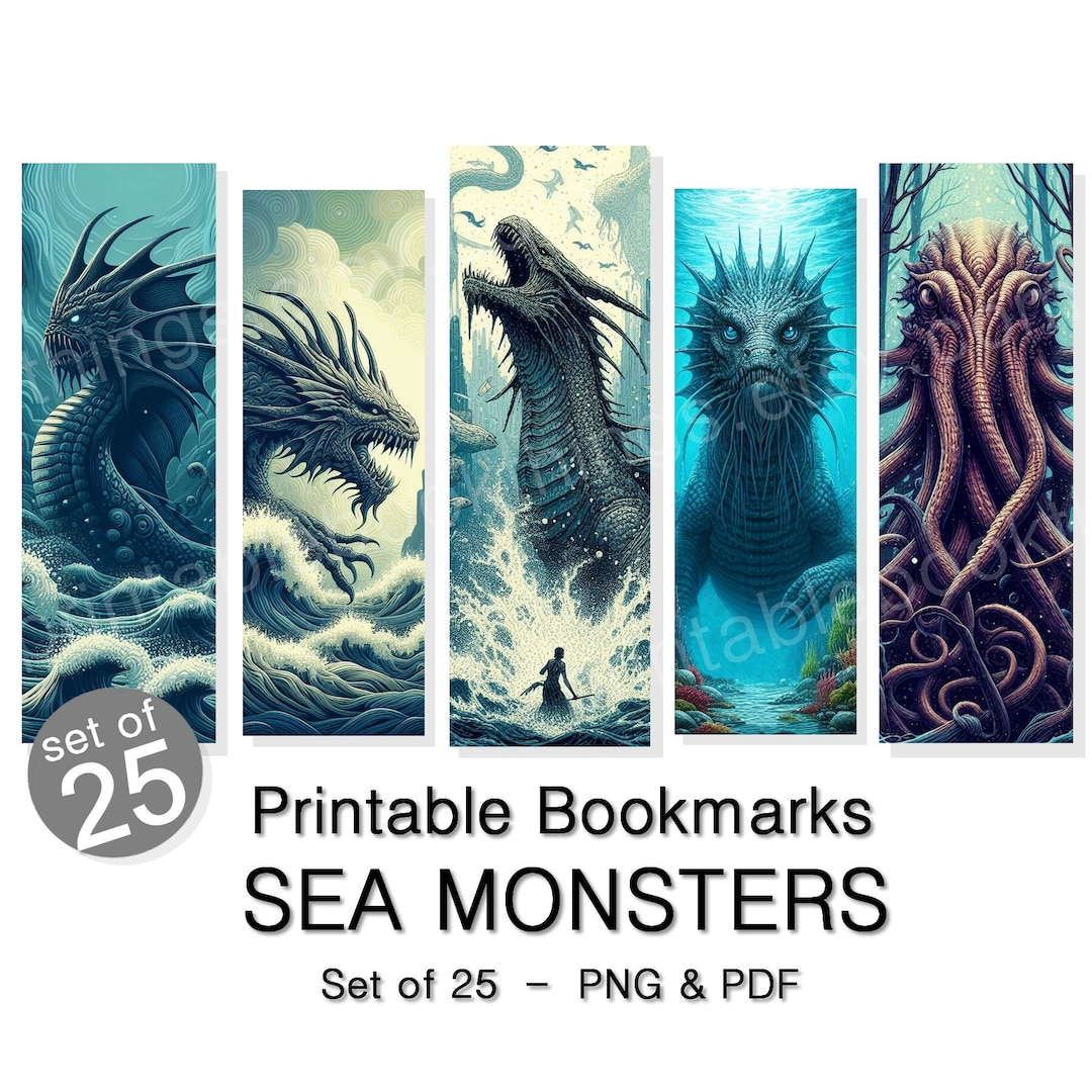Printable Bookmarks Sea Monsters Themed Set of 25 for Book Lover ...
