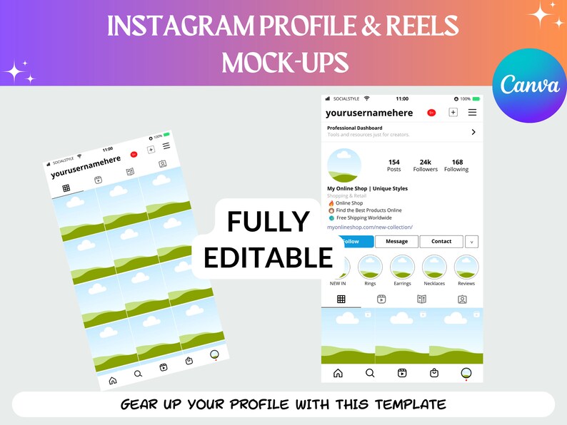Instagram Profile Mock-up Editable Canva Templates for Feed, Reels ...