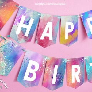 Rainbow Paint Splatter Birthday Banner Printable, Watercolor Splash ...