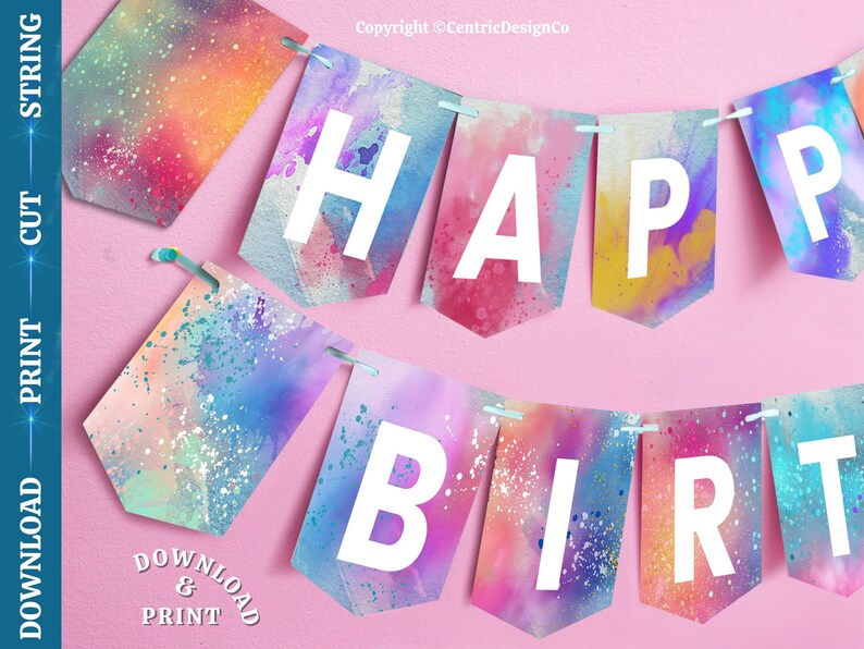 Printable Rainbow Paint Splash Birthday Banner, Rainbow Watercolor ...