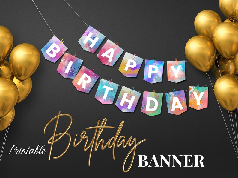 Rainbow Paint Splatter Birthday Banner Printable, Watercolor Splash ...
