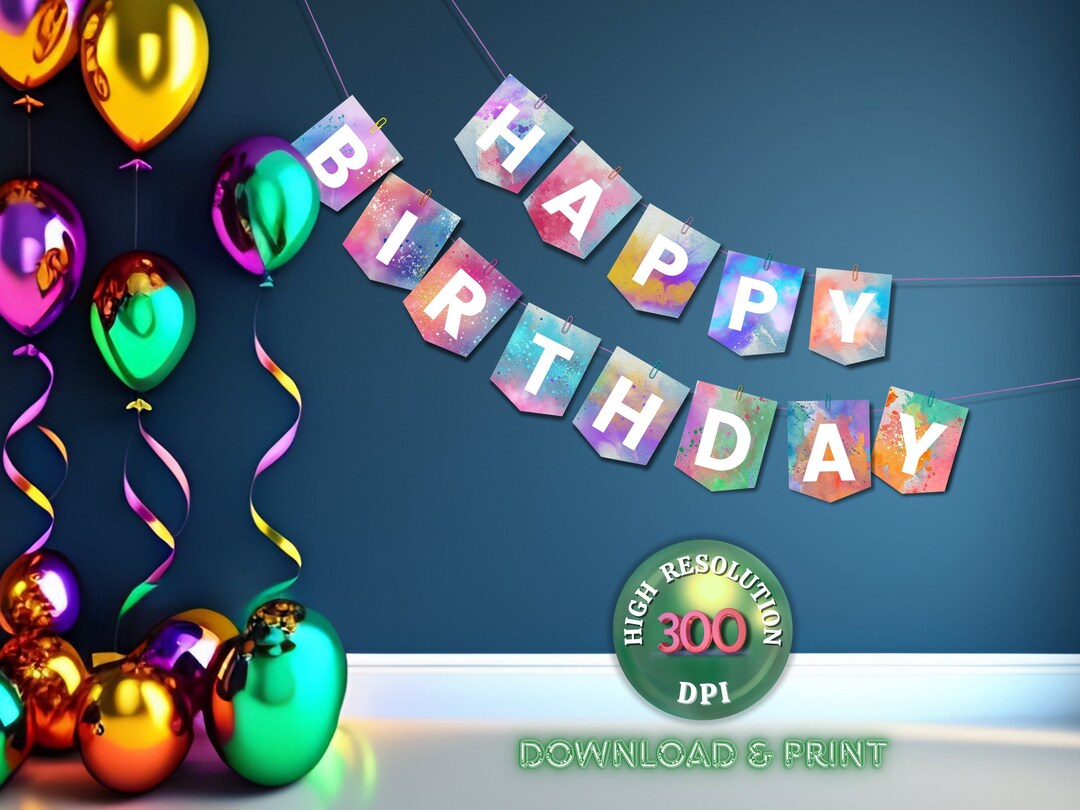 Rainbow Watercolor Paint Splatter Birthday Banner Printable (digital ...