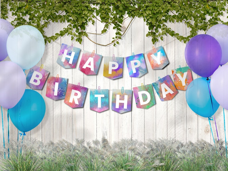 Rainbow Paint Splatter Birthday Banner Printable, Watercolor Splash ...