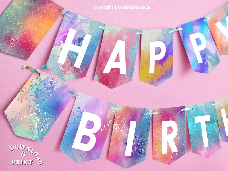 Watercolour Paint Splatter Birthday Banner Printable, Rainbow Happy ...