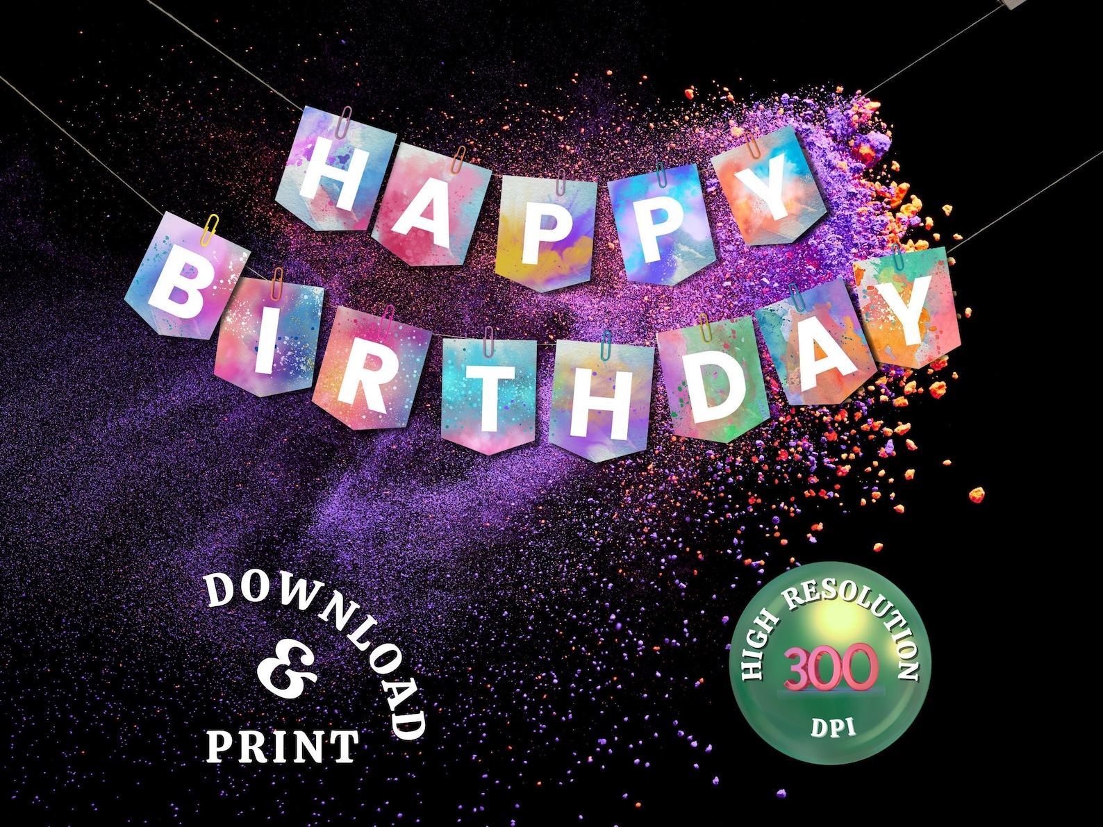 Watercolour Paint Splatter Birthday Banner Printable, Rainbow Happy ...
