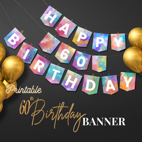 Watercolour Paint Splatter Birthday Banner Printable, Rainbow Happy ...