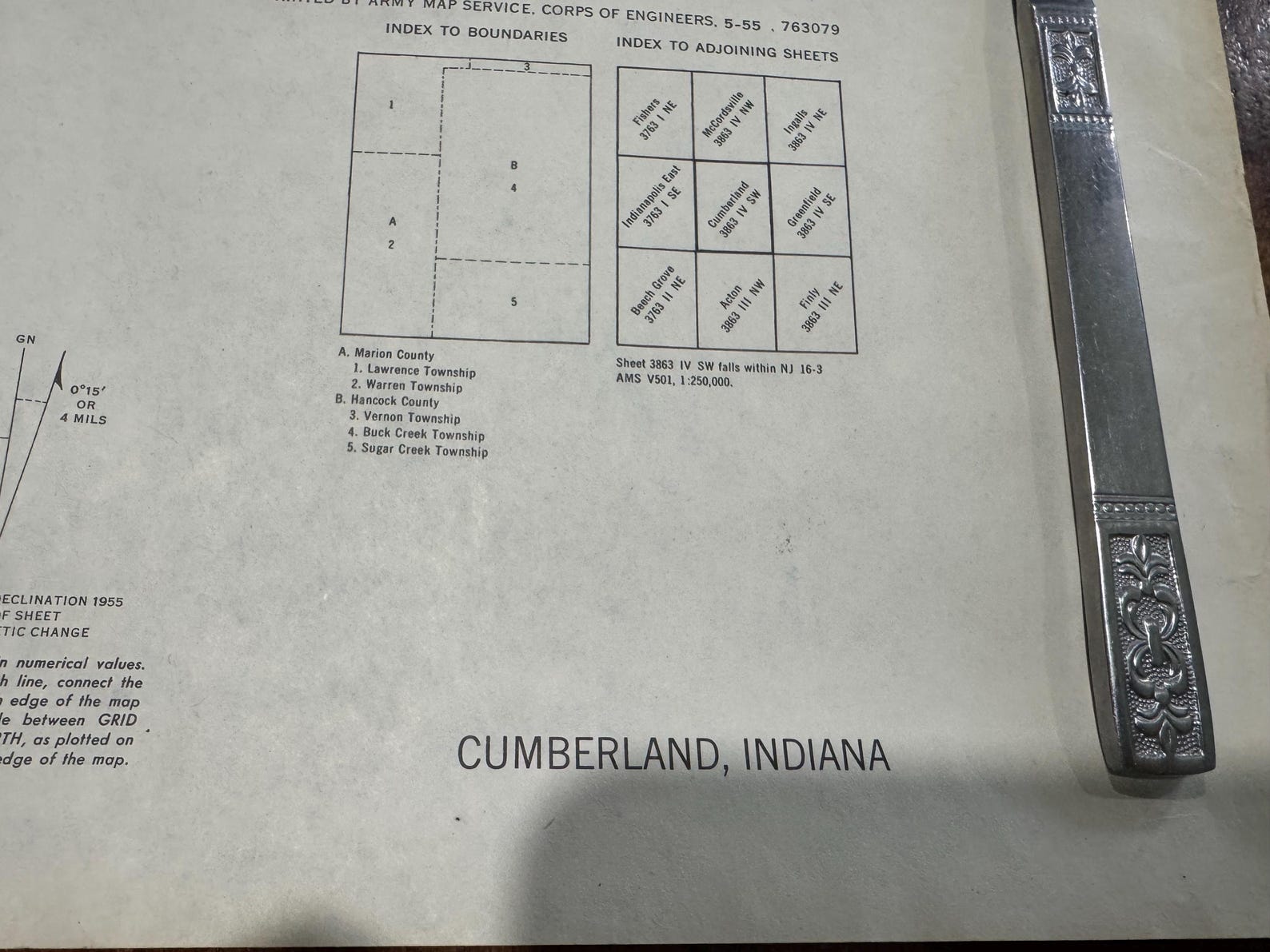 Vintage 1955 Cumberland Indiana and Ft Benjamin Harrison Map 22 X 29 ...