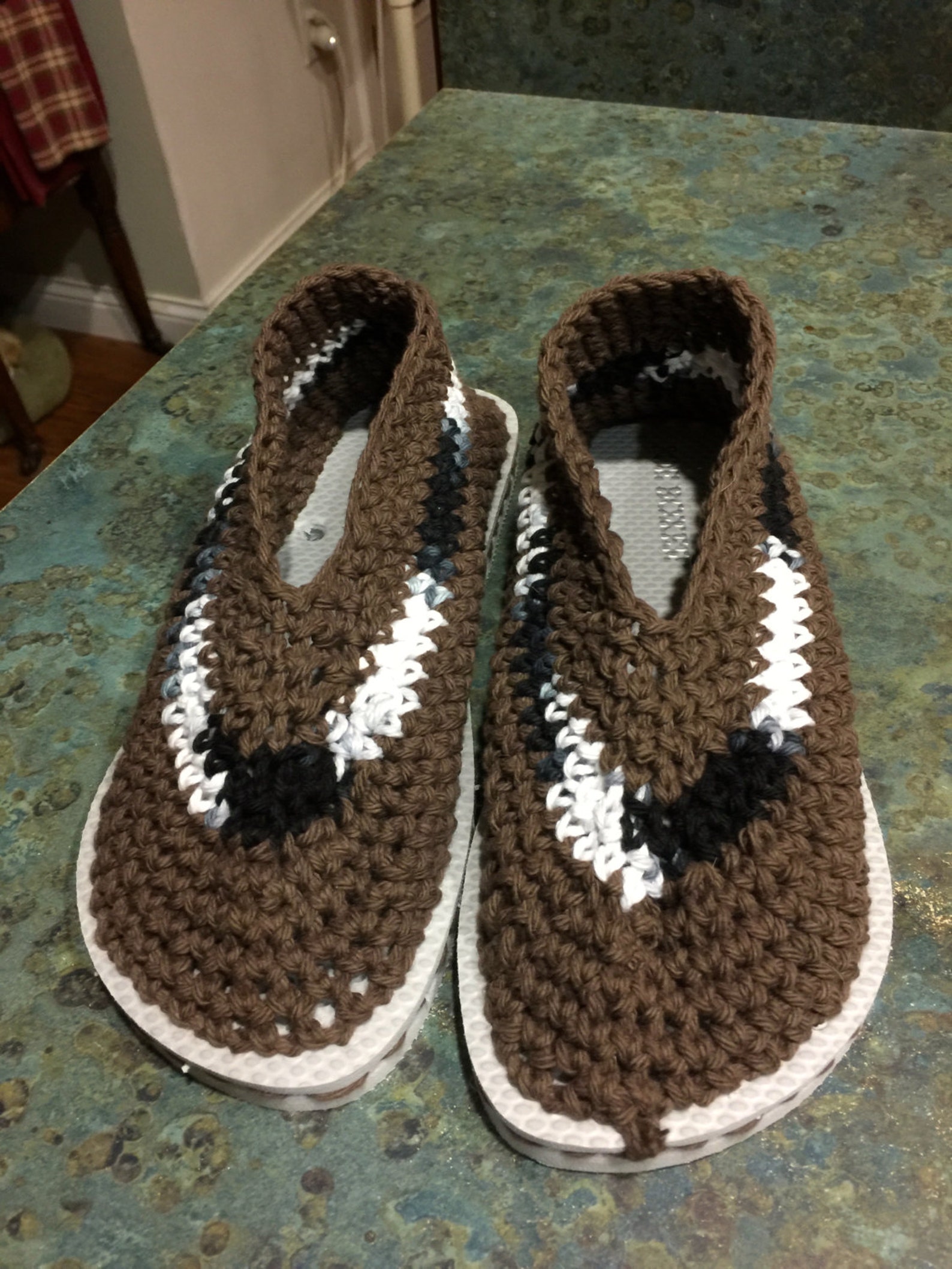 Handmade Crocheted Slippers With Joe Boxer Flip Flop Rubber Soles Size ...