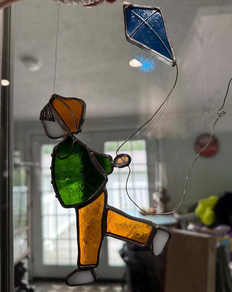 Vintage Stained Glass Sun Catcher Boy Flying a Kite - Etsy
