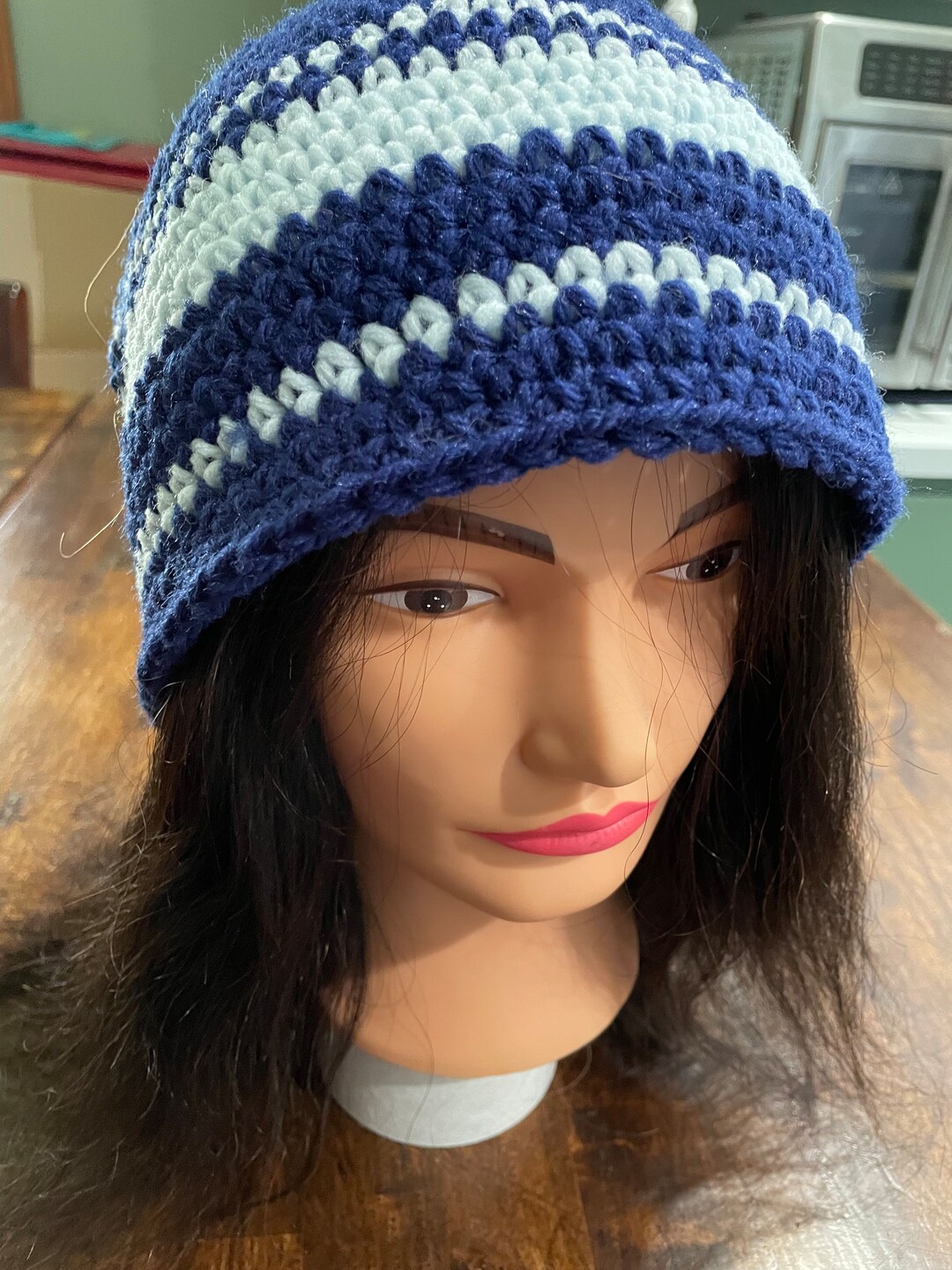 Adult Man or Woman's Toboggan Hat Acrylic Yarn Navy Blue Light Blue ...
