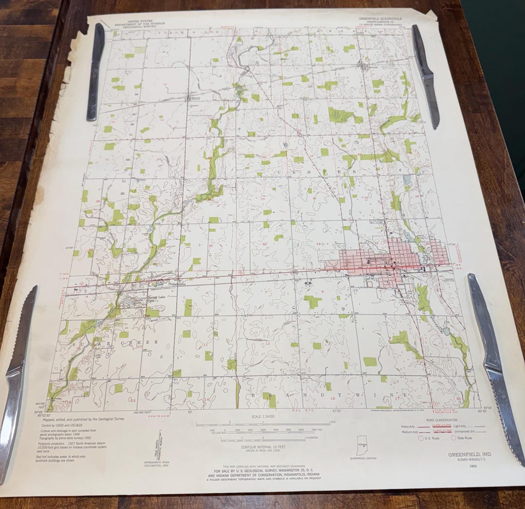 1952 Map of Greenfield, Indiana U S Geological Survey Topographic 22 X ...