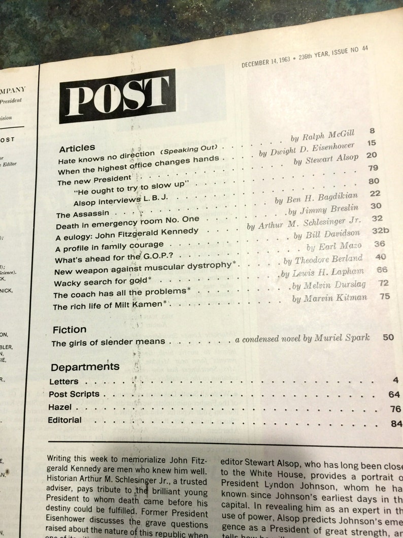 Vintage December 14 1963 Post Magazine John F. Kennedy | Etsy