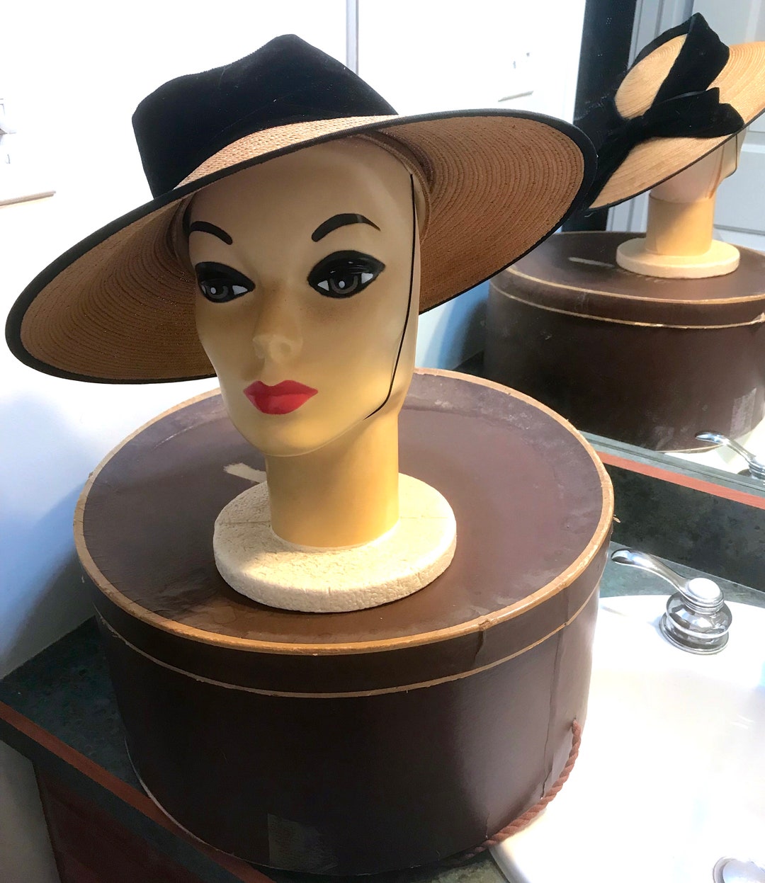 Vintage 1950's Janet Models Straw and Black Velvet Ribbon Cartwheel Hat ...