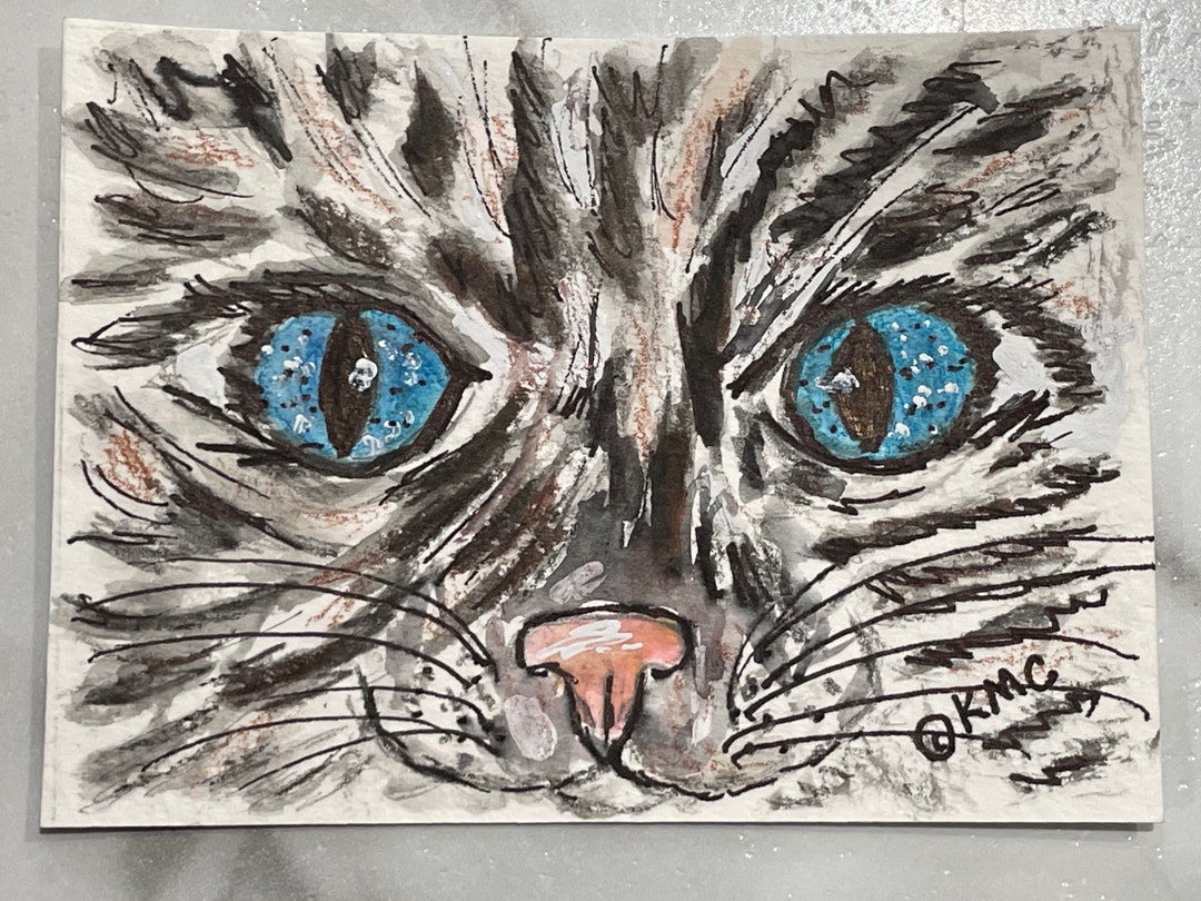 ACEO Card of a Black Stripes Blue Eyes Cat - Etsy