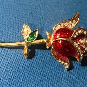 Vintage Enameled and Rhinestones Single Red Rose Brooch Pin - Etsy