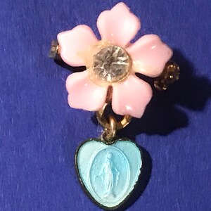 Vintage Pin Flower and Blue Sterling Mother Mary Dangling Heart Brooch ...
