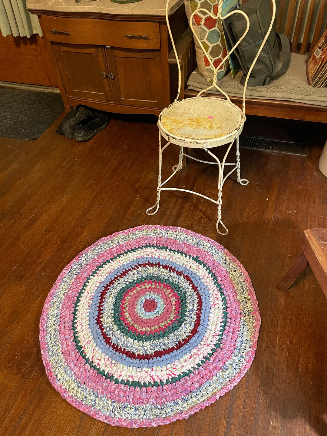 Handmade Farmhouse Rag Rug 32 Inch Diameter Reds, Blues and Mauves Etc ...