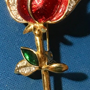 Vintage Enameled and Rhinestones Single Red Rose Brooch Pin - Etsy