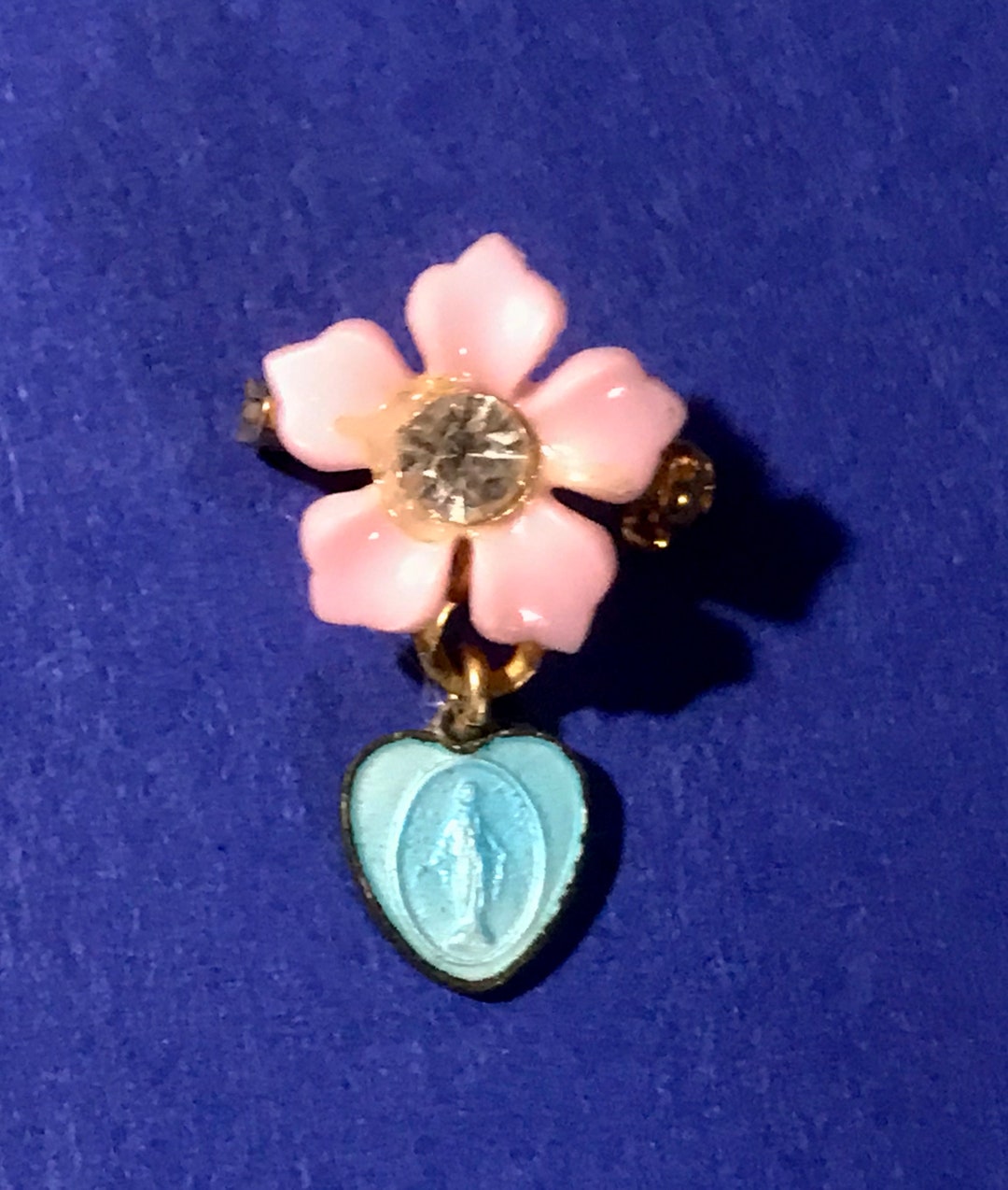 Vintage Pin Flower and Blue Sterling Mother Mary Dangling Heart Brooch ...