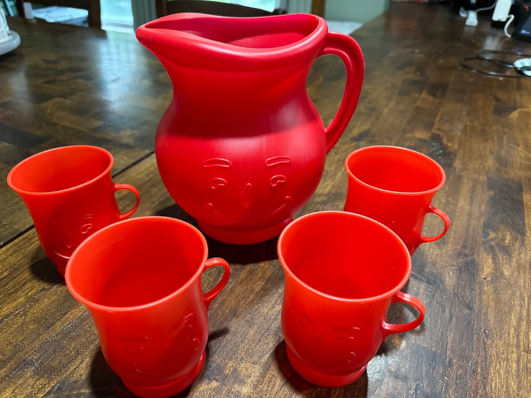 1970's Kool-aid Man Red Pitcher and 4 Red Cups (never Been Used) - Etsy