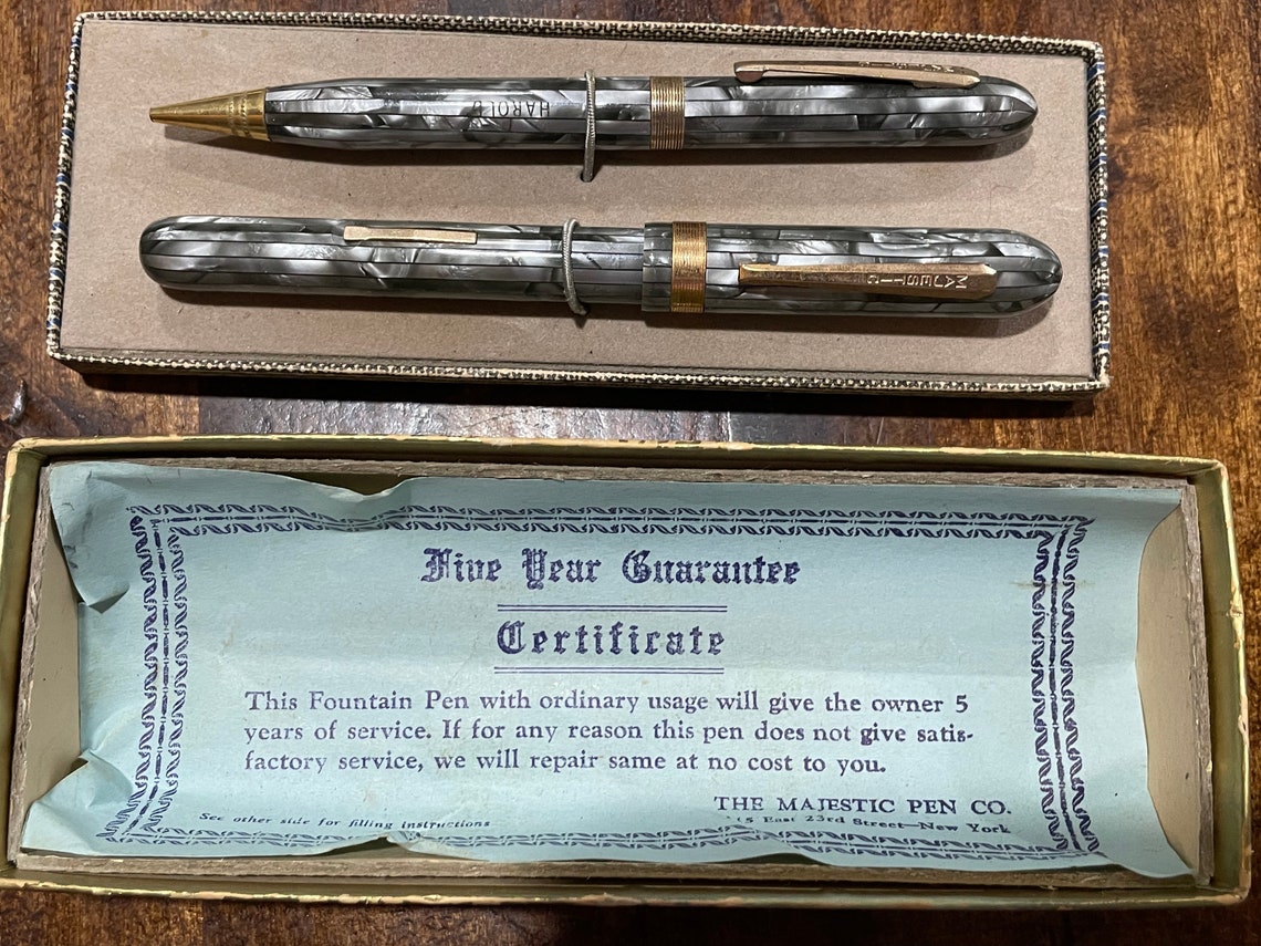1940's Majestic Gray Tortoise Shell Pen Set Super Point New York in Box ...