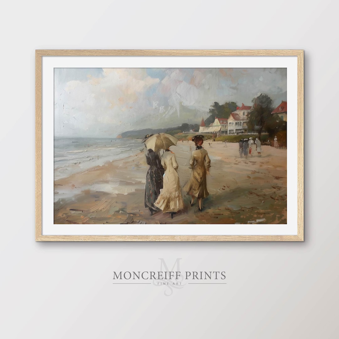 Victorian Beach Scene Painting, Elegant Women Strolling, Impressionist ...