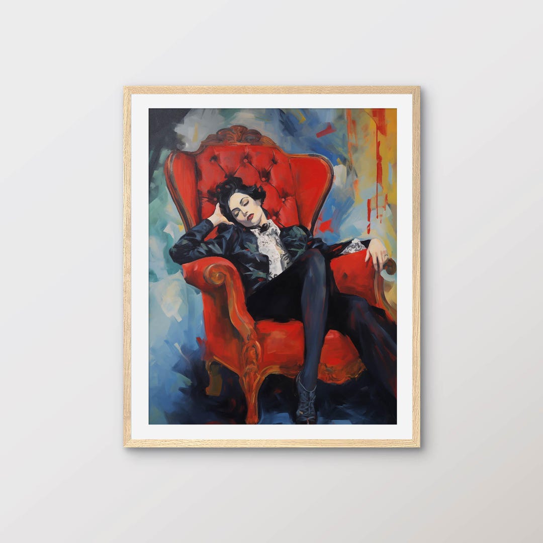 Modern Art Painting of Reclining Woman in Bold Red Armchair ...