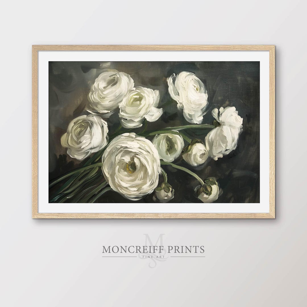 Vintage Ranunculus Flower Art, Dark Floral Painting, Botanical Painting ...