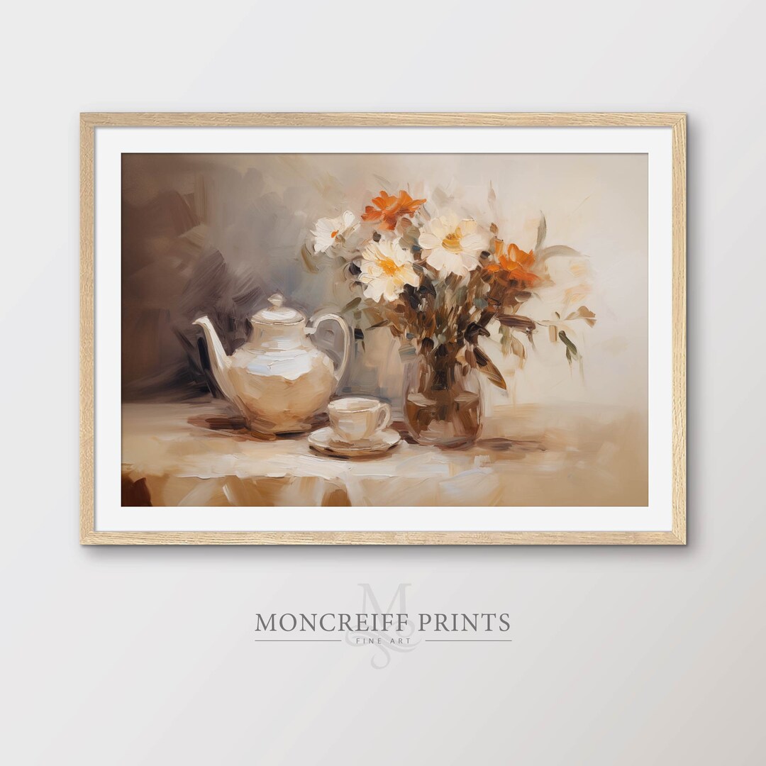 Vintage Teapot Still Life Painting: Floral Kitchen Art (digital ...