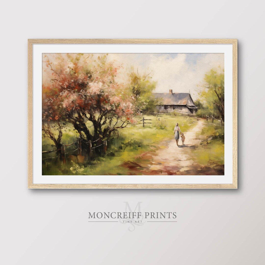 Printable Art, Vintage Landscape Painting, Rural Homestead, Farmhouse ...