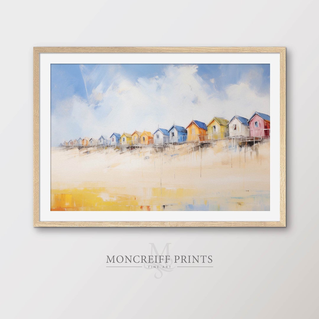 Colourful Beach Huts Painting, English Seaside Wall Art, Coastal ...