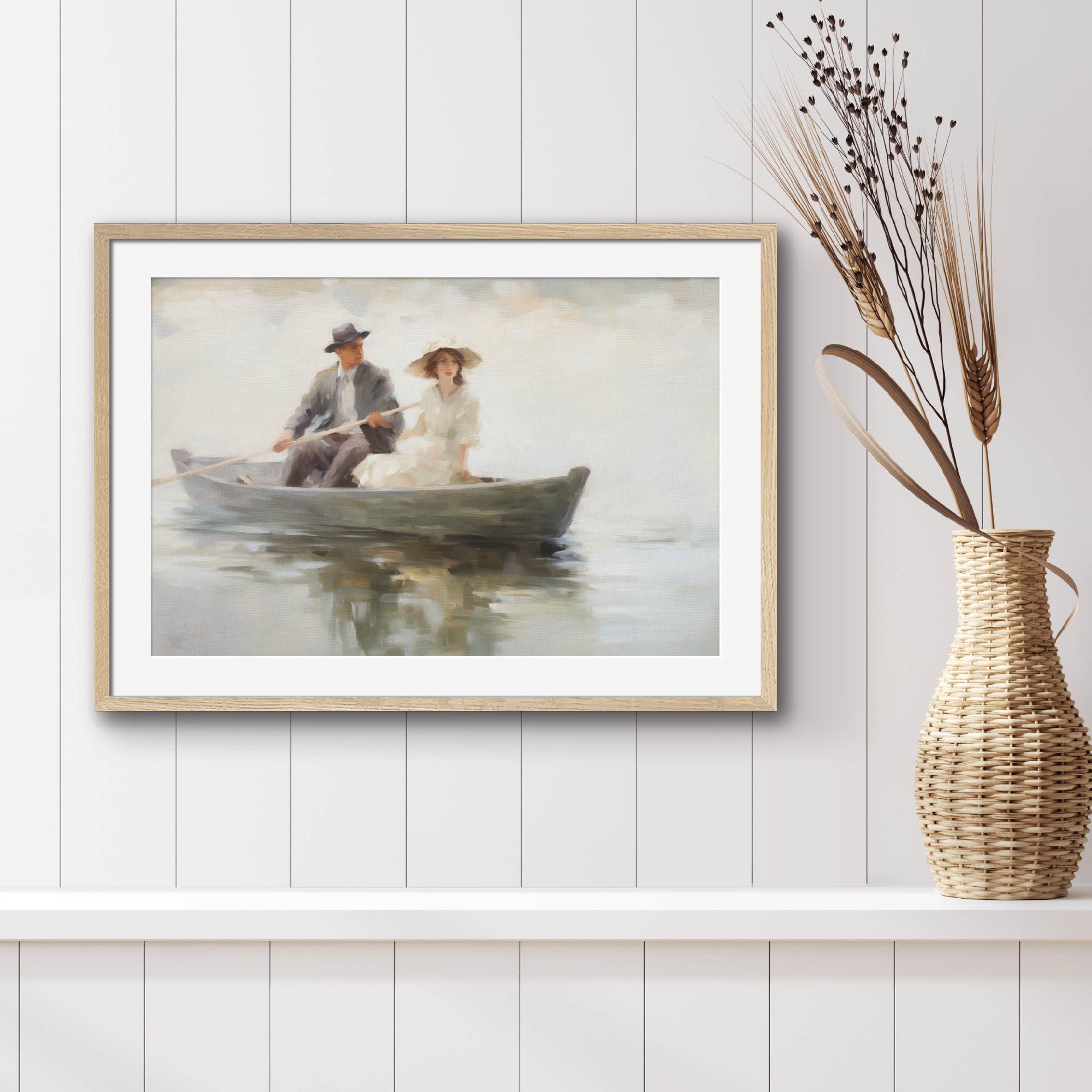Vintage Couple in Rowboat Art Print: Romantic Lake Scene (digital ...