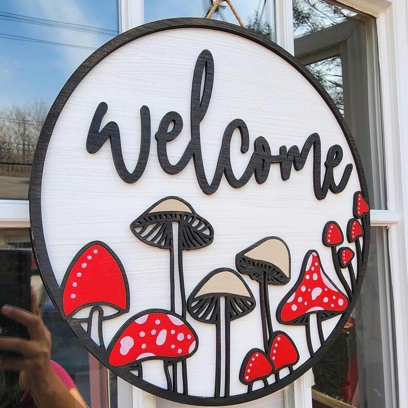 Mushroom Welcome Door Hanger | Spring Door Hanger | Door Hanger ...