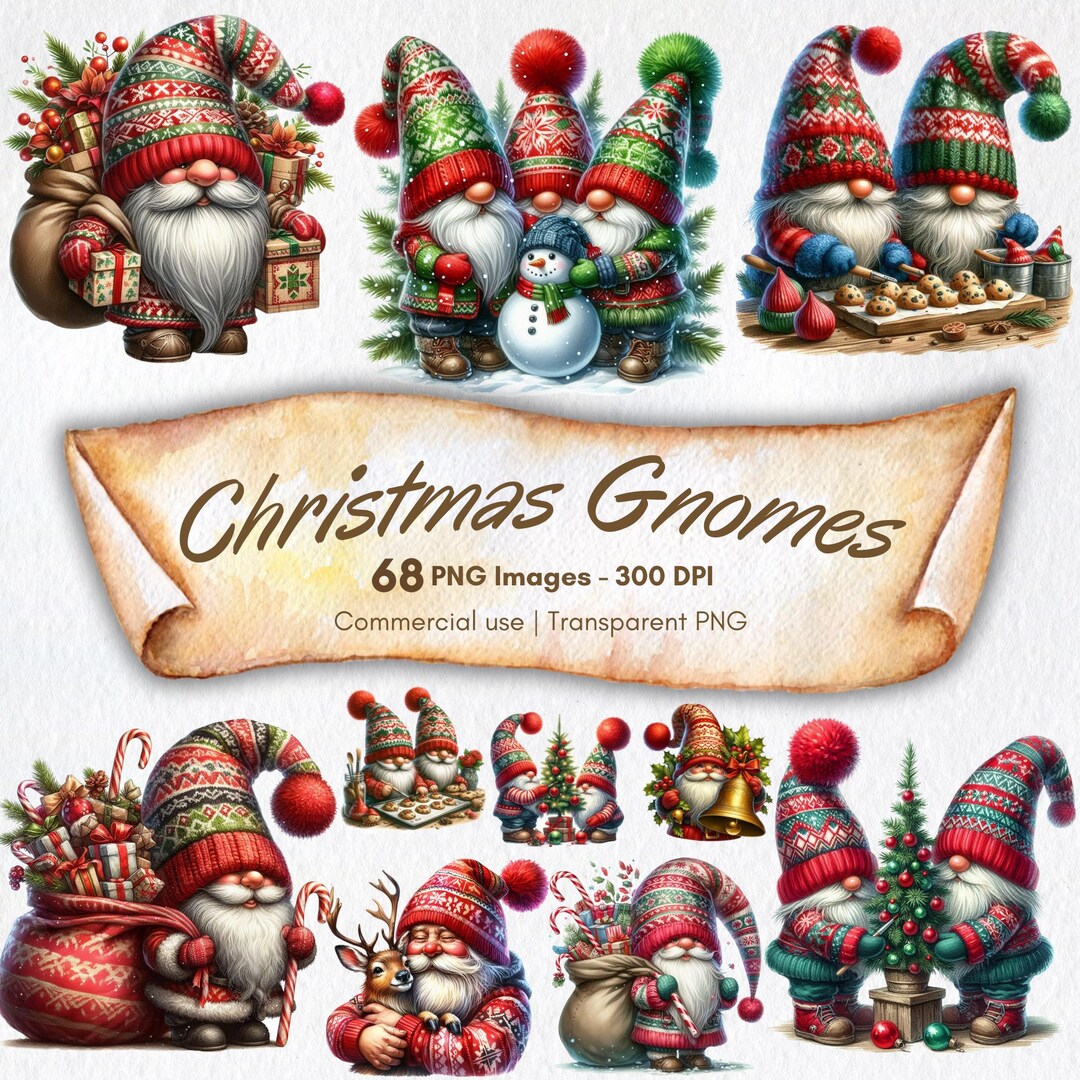Green and Gold Christmas Gnome Clipart Package, PNG Winter Gnomes ...