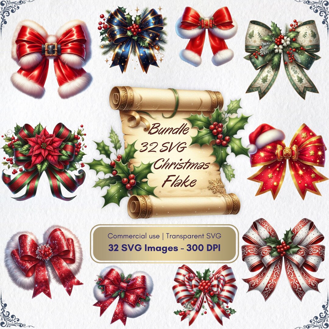 Christmas Bow SVG Bundle | 32 Coquette Santa Holiday Clipart (digital ...