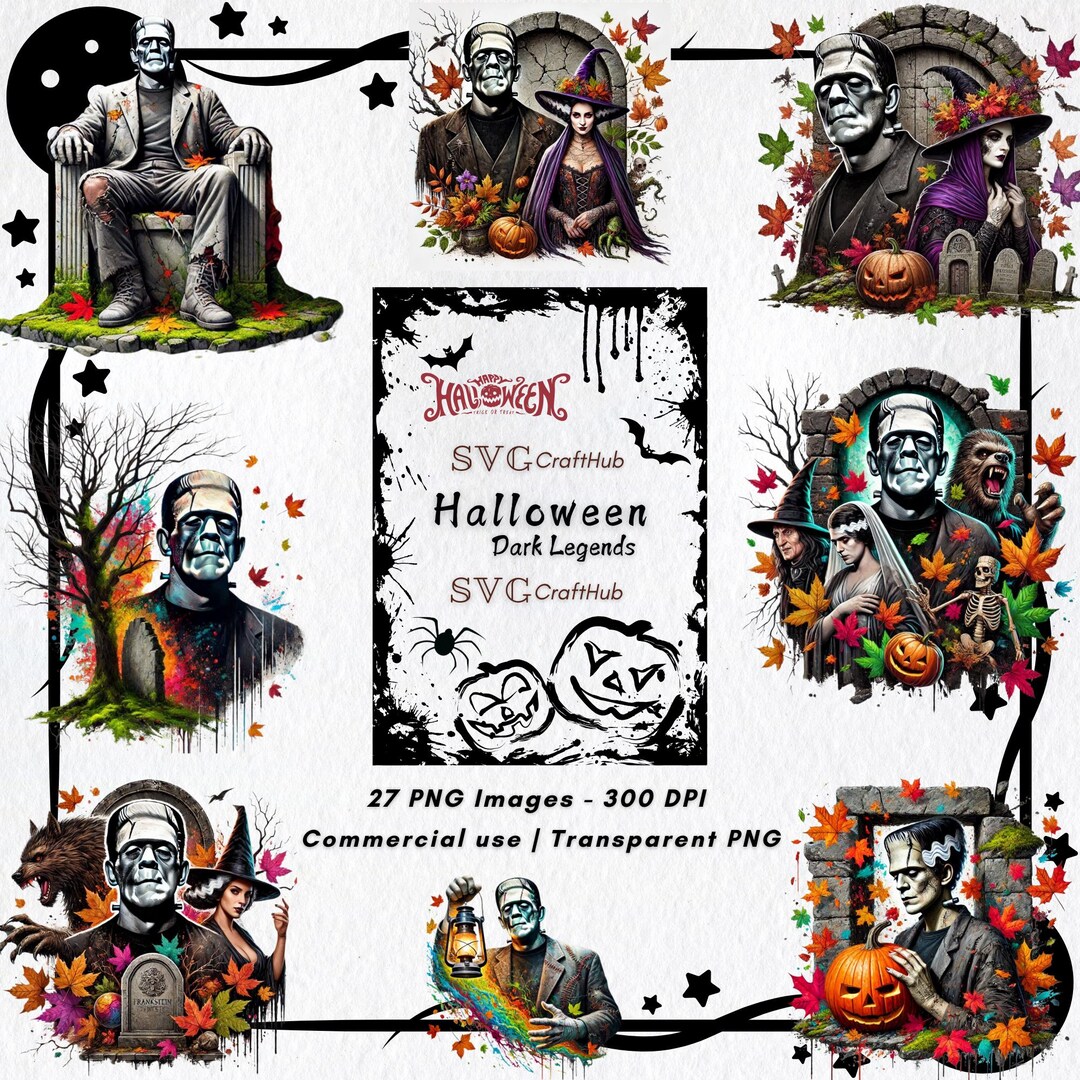 Horror Halloween PNG Clipart Bundle | Dracula, Frankenstein, Gothic ...