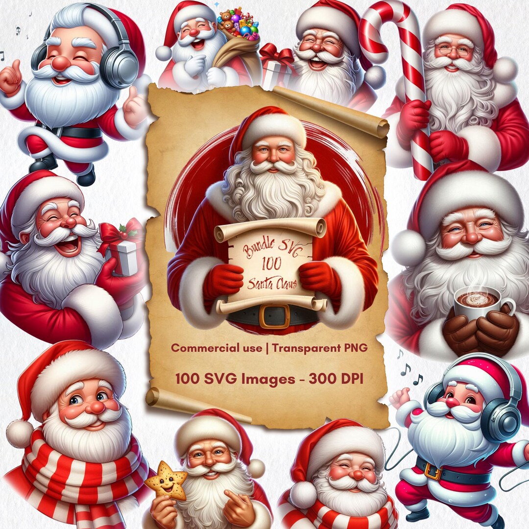 Bundle 100 SVG Santa Christmas Clip Art, High Quality PNG 300 DPI for T ...