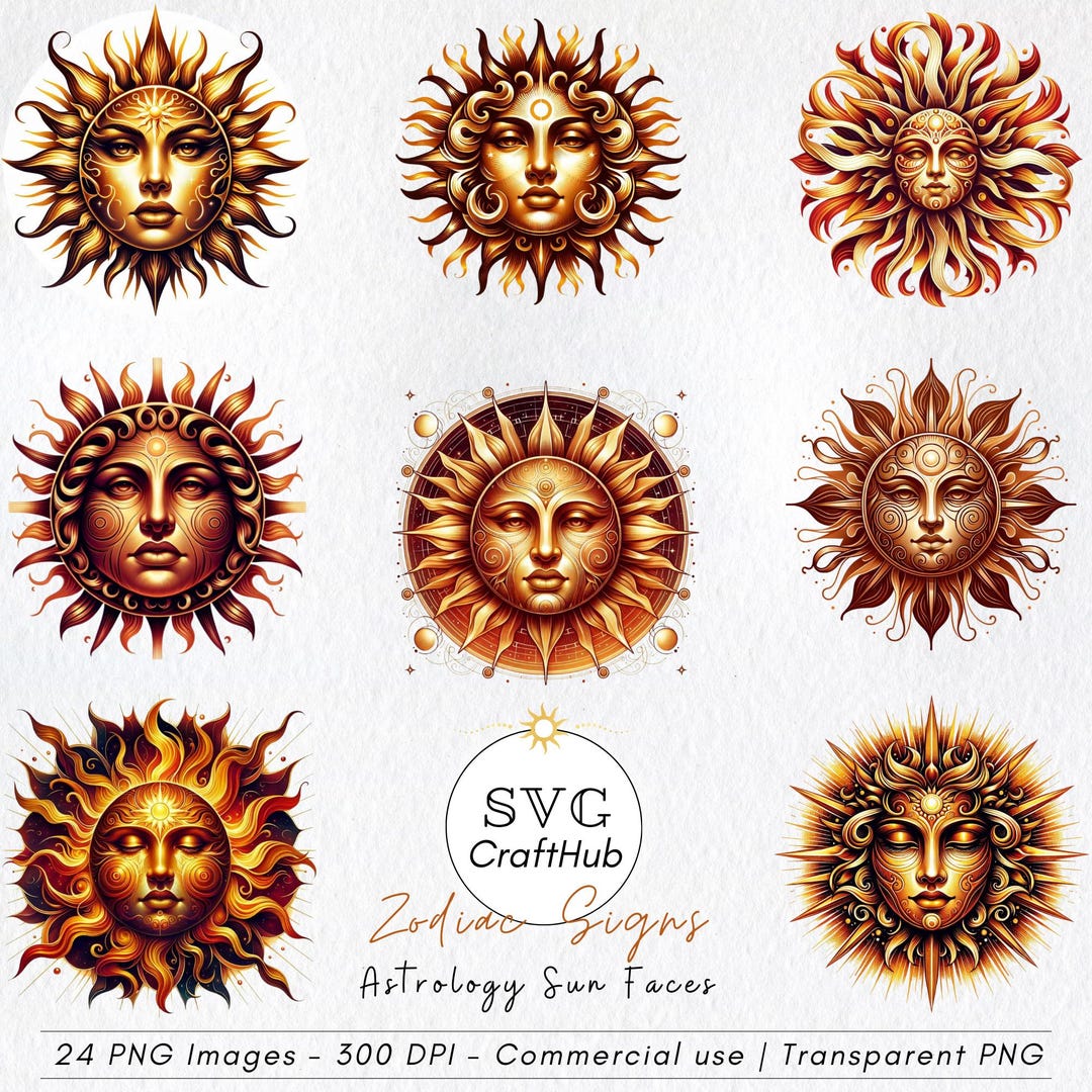 24 Zodiac Sun Face PNG | Celestial Wall Art, Astrology Decor ...