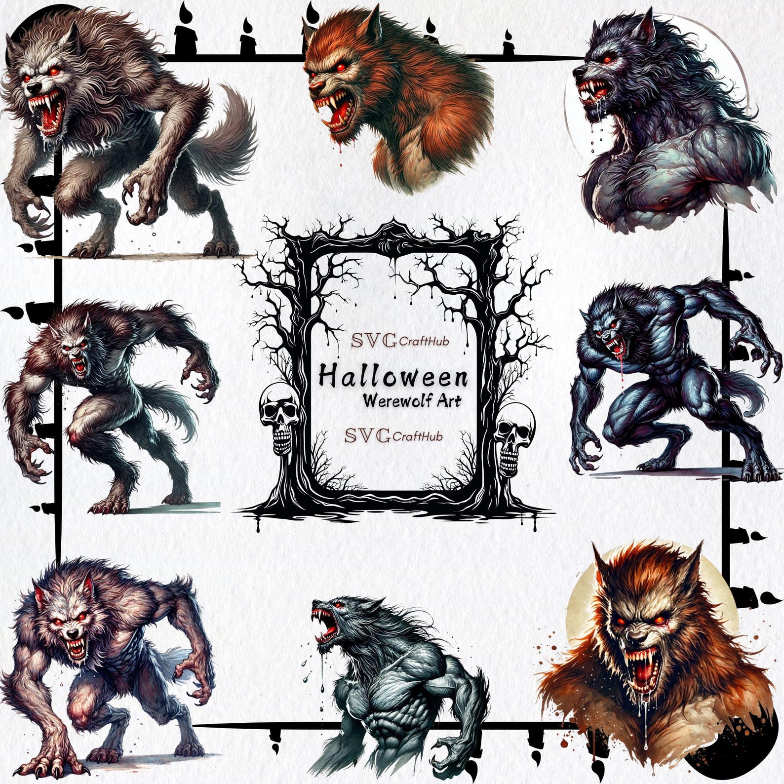 26 Dark Werewolf SVG Bundle | Gothic Halloween Clipart & Spooky Wolf ...