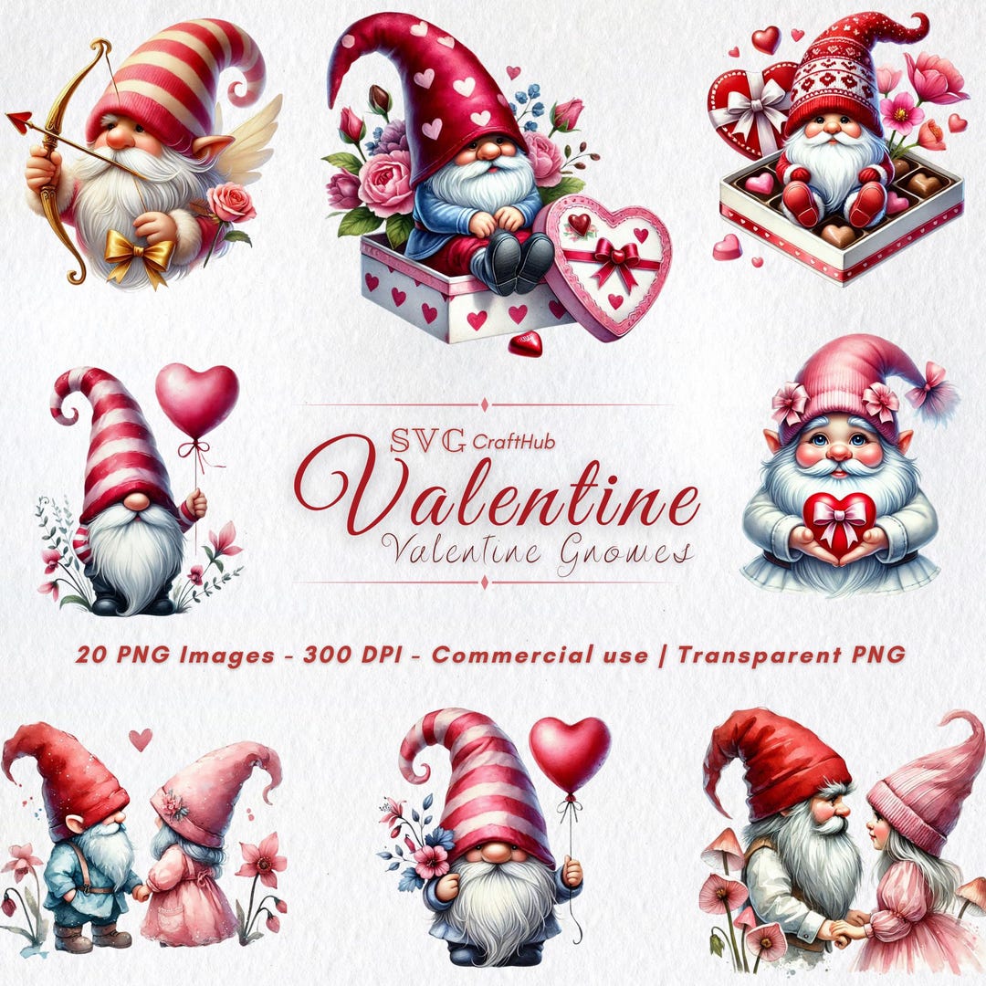 Valentines Gnome Bundle PNG Set - 20 Love-themed Designs for DIY Crafts ...