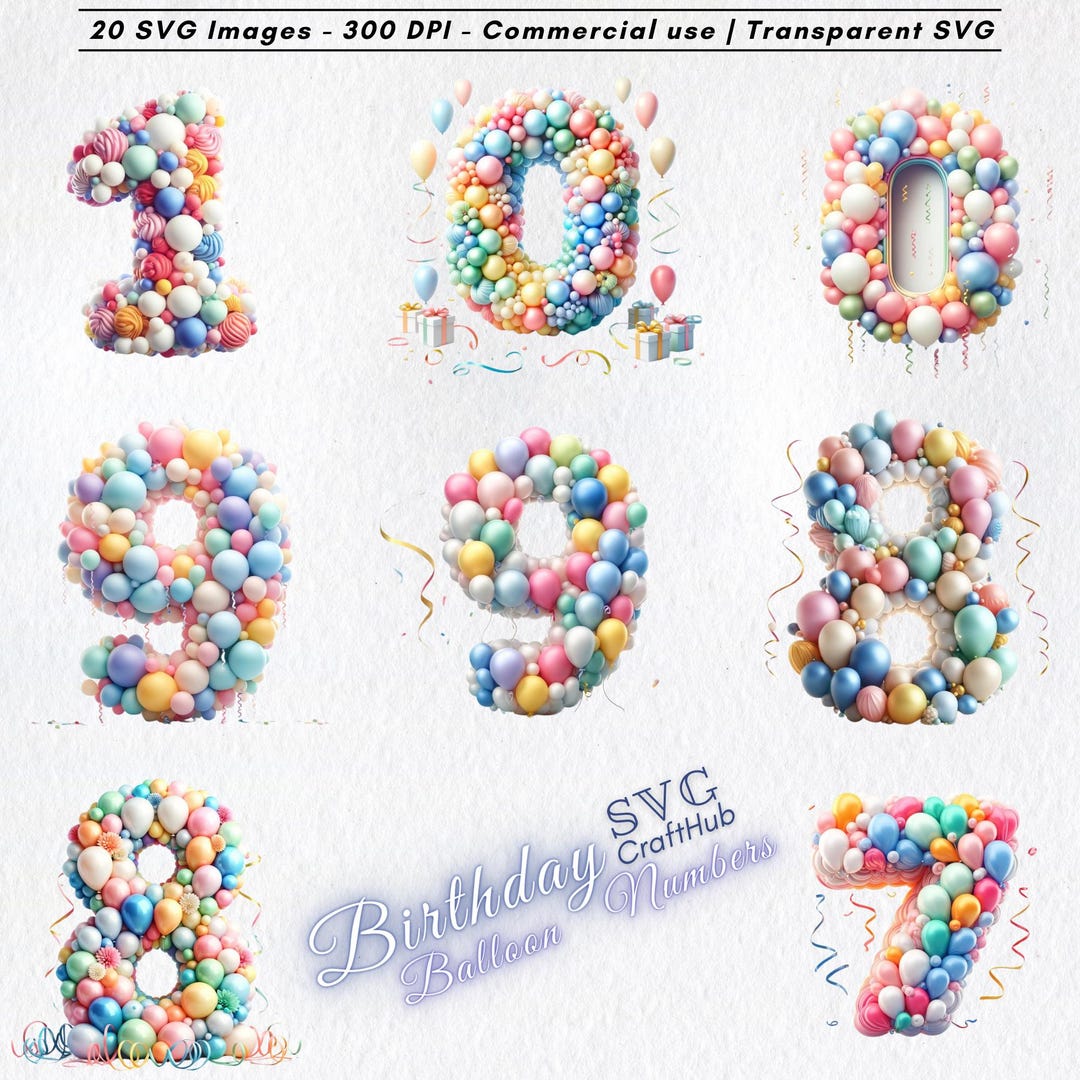 3D Colorful Balloon Numbers SVG Bundle | 20 Birthday Invitation Designs ...