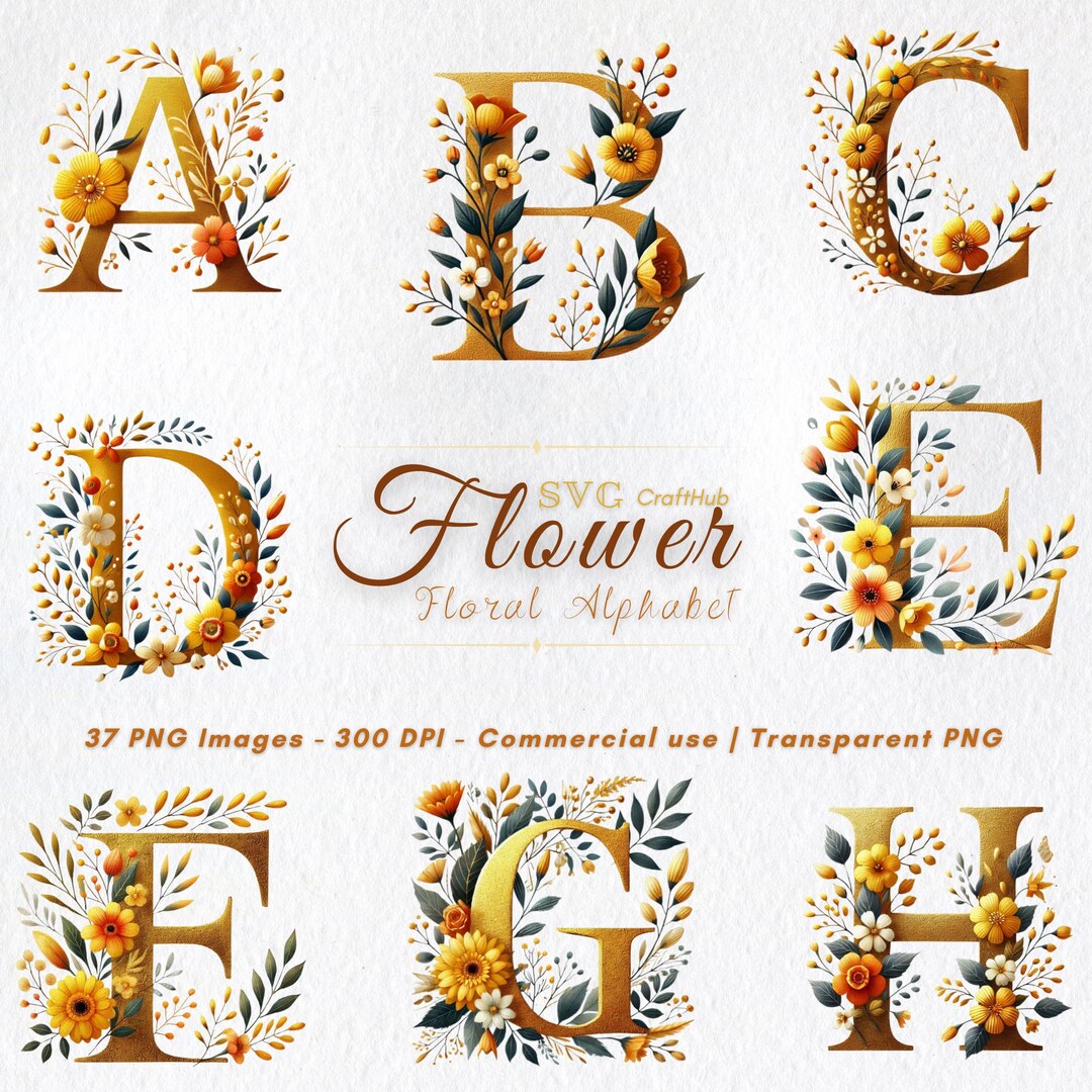 Watercolor Alphabet PNG Bundle - 37 Floral Letters Clipart for ...