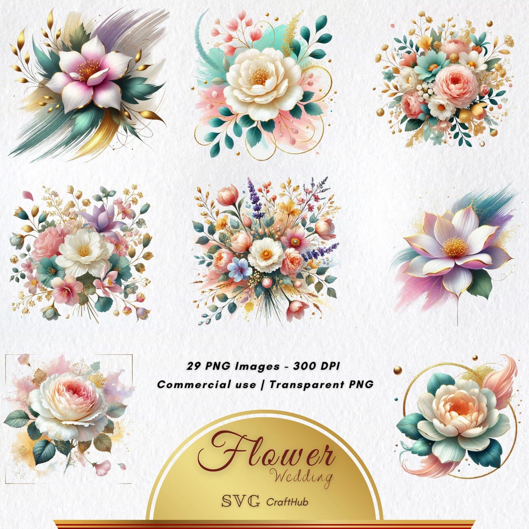 Bundle PNG - 29 Pastel Flower Clipart Designs, Digital Flowers for ...