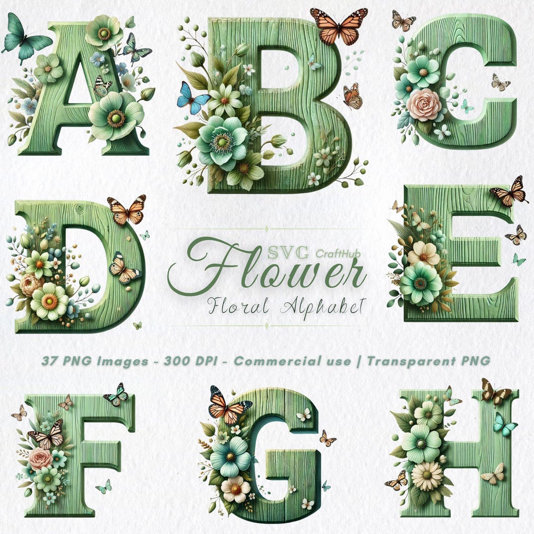 Floral Alphabet PNG Bundle - 37 Watercolor Letters Clipart for Stickers ...