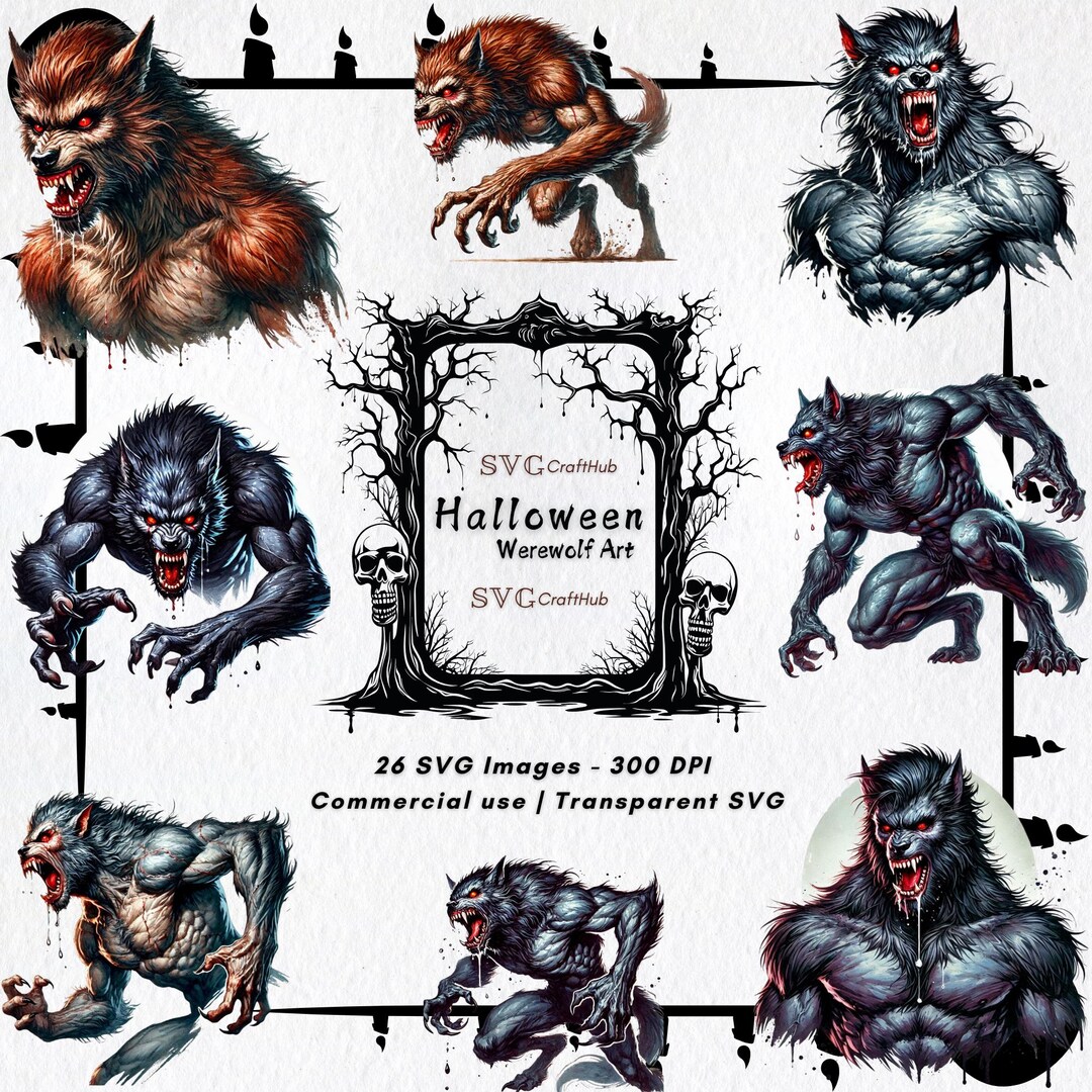 Gothic Werewolf Clipart Bundle | 26 Halloween Watercolor SVG, Spooky ...