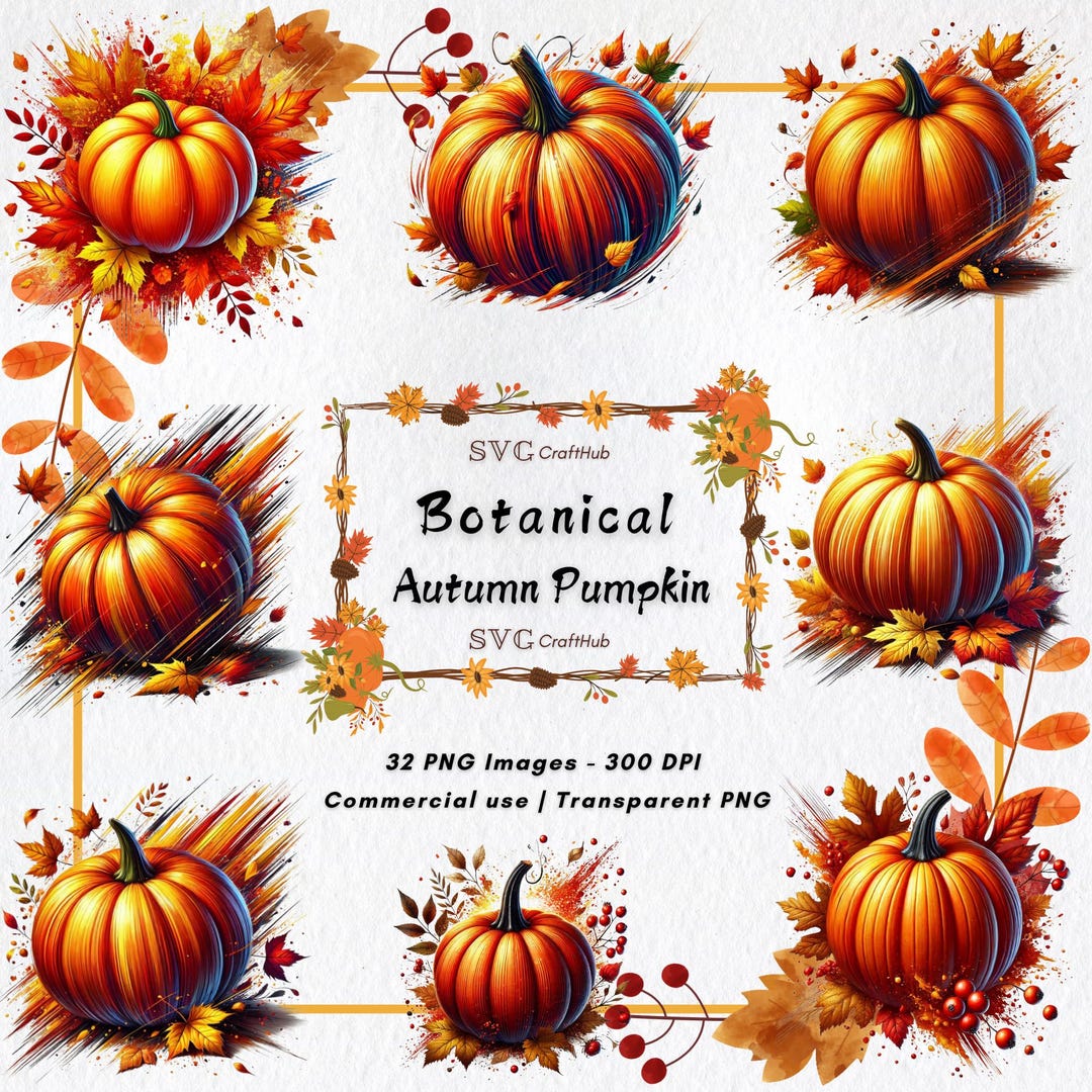 Pumpkin Clipart Bundle - 32 Adorable PNG Fall Pumpkins for Crafting ...