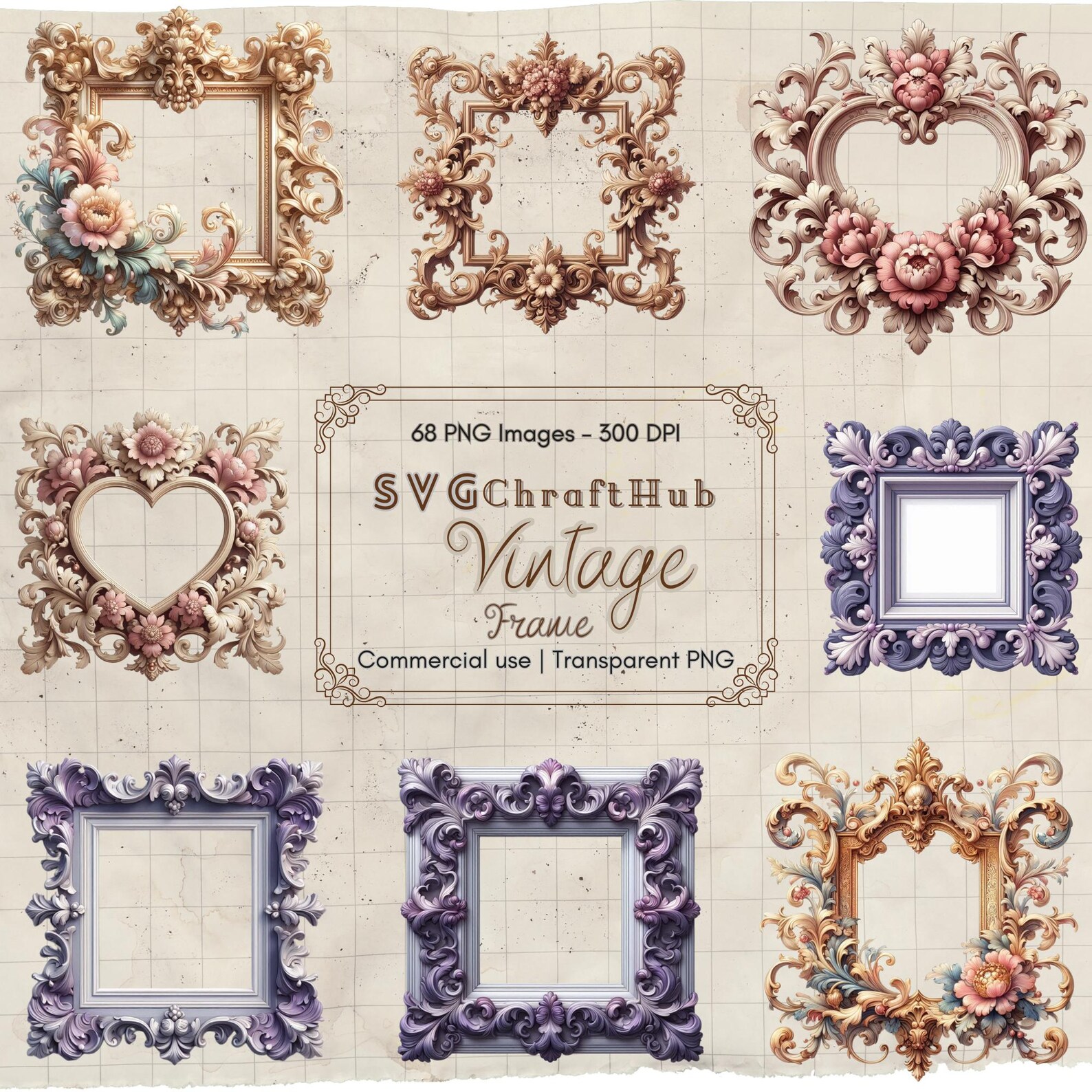 68 Vintage Frame PNG Bundle | Baroque Borders Retro Clipart for ...
