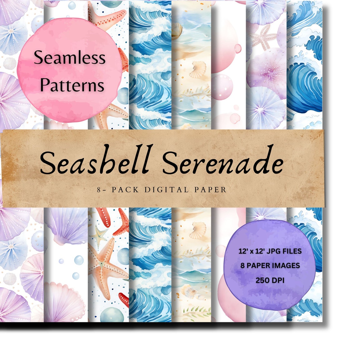 Seashell Digital Paper Pack, Watercolor Seashells, Watercolor Seascape ...