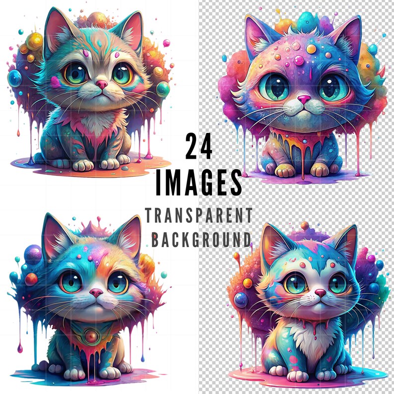 Colorful Cat Paint Drip Clipart, Cat Clipart, Cats Png for Sublimation ...