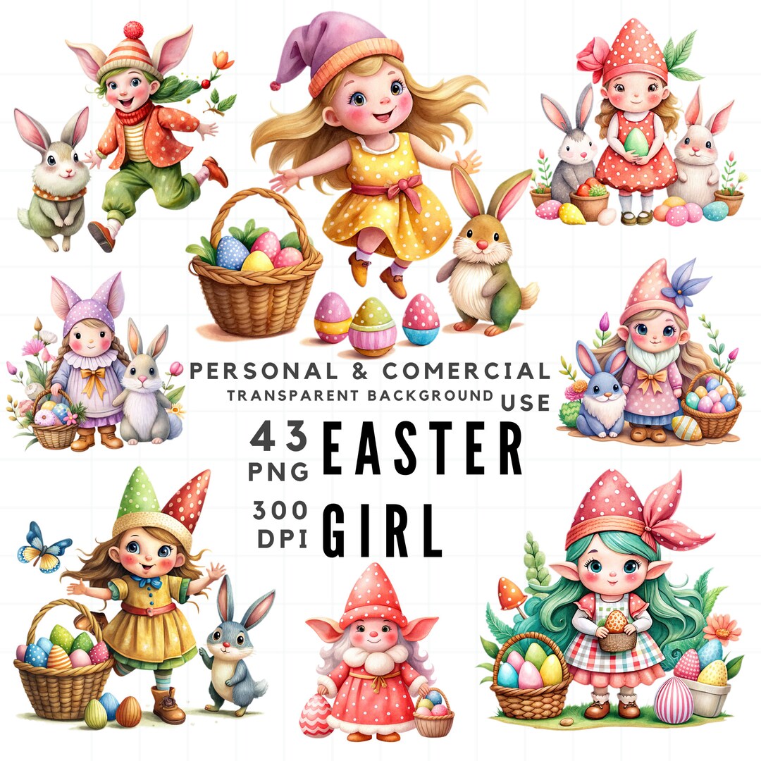 Easter Girl Clipart, 43 PNG Files, Easter Clipart, Spring Clipart, Cute ...